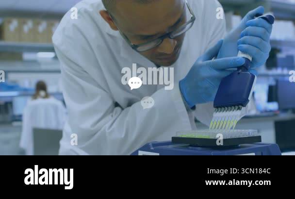 Scientist pipetting into fluorescent plate, causing comment icons ...