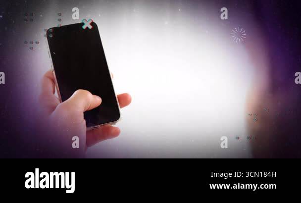 Right hand holding smartphone, thumb tapping display opening app ...