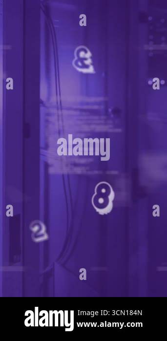 Animation of data processing with qr code and digital human over server room. Global technology ...