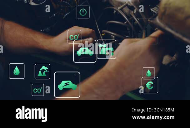 Mechanic hands installing connector, routing wiring while floating ...