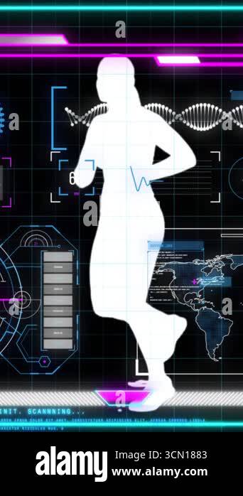 Animation of screens with data processing woman running on dark background. Global connections ...