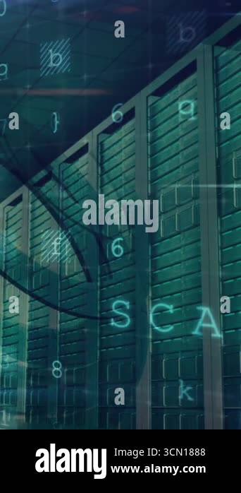 Animation of cyber attack warning over server room. global internet ...