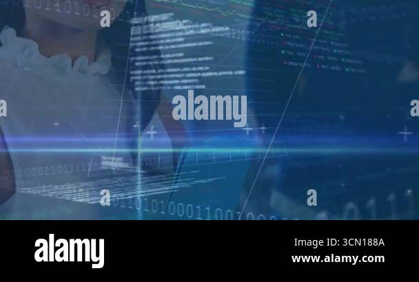 Binary code flowing causing colleagues emerging over 3D grid, data ...