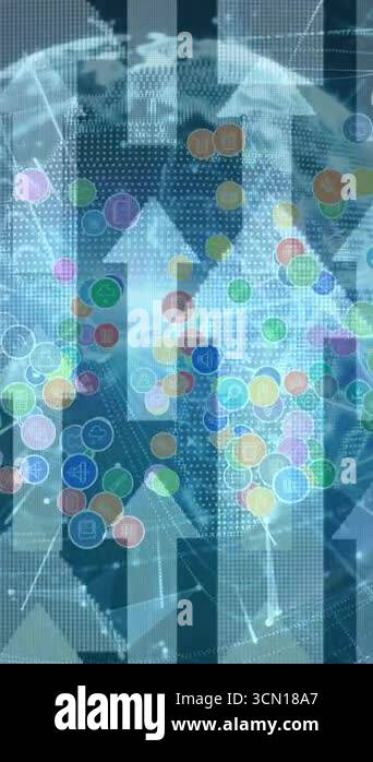 Animation of digital icons and arrows over globe with network of ...