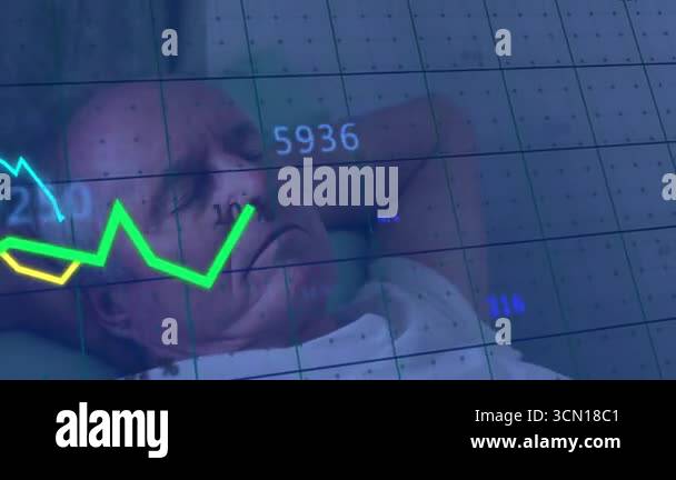 Animated line charts emerging over man resting on bed while monitoring ...