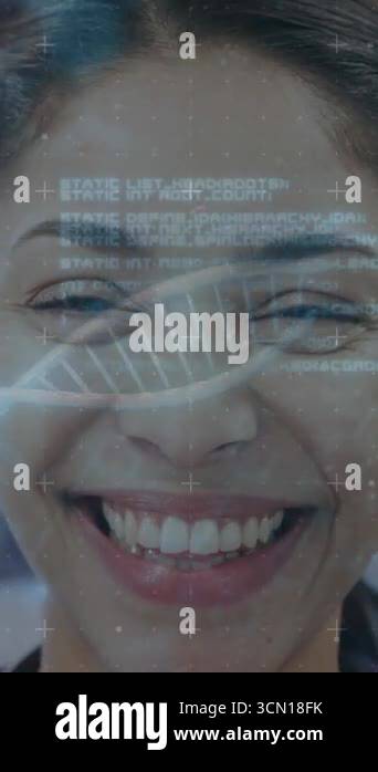 Animation of dna strands over smiling female doctor. Global medicine ...
