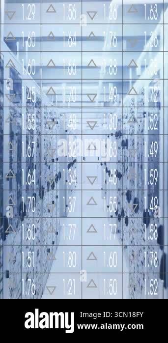 Animation of financial data processing over server room. Global ...