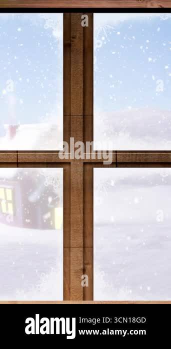 Animation of window over house and winter landscape. Christmas ...