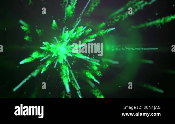 A vibrant explosion of green particles, resembling a digital ...