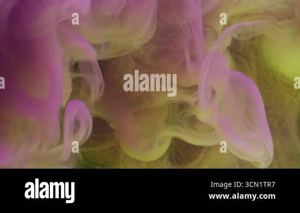 Underwater dye. Haze swirl. Yellow purple mist stream ink in abstract ...