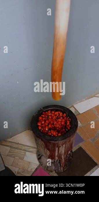 Top view of palm nuts in a wood mortar. Pounding palm nuts using a ...