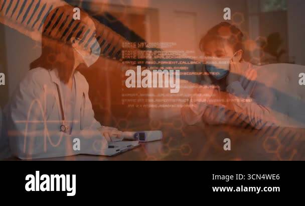 Doctor inputting patient vitals into pressure cuff revealing DNA ...