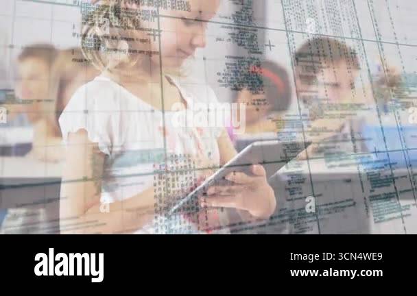 child girl tapping tablet starting digital lesson, camera shifting down while code overlay ...