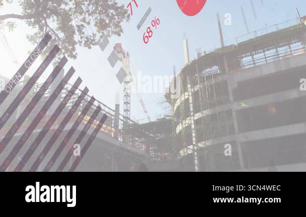 Building frame appearing, data overlays sliding, pulsing, sweeping and fading, visualizing ...