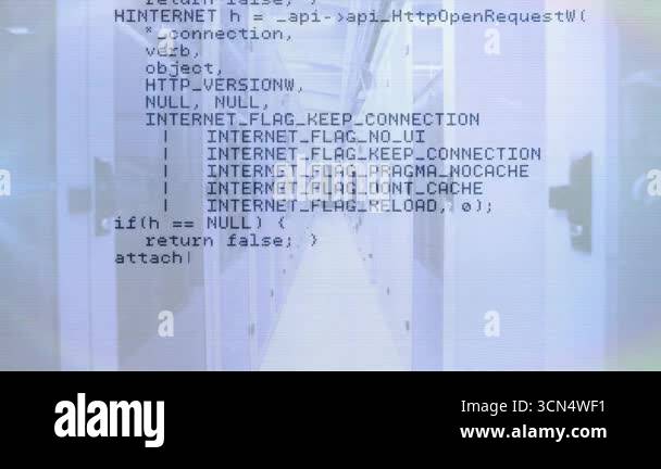 Opening with C++ code overlay scrolling across server aisle reading ...