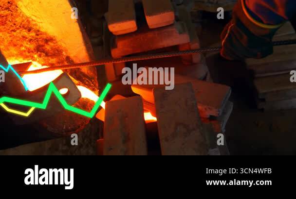 Upon furnace glow rising, metal rod sliding in, glove holding rod ...