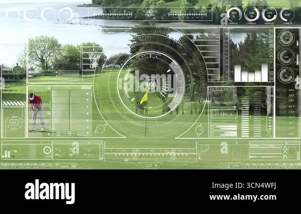 Golfer swinging putter on golf green starting HUD overlay showing ...
