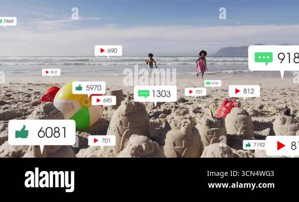 After spotting sandcastle, siblings running on sunlit beach, generating ...