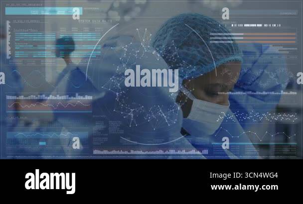 Surgeon fastening hairnet and adjusting mask while nurse adjusting gown ...