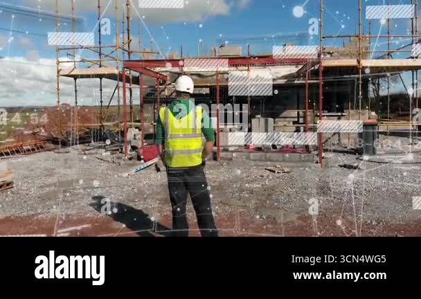 Construction worker entering site activating AR overlay showing blocks ...