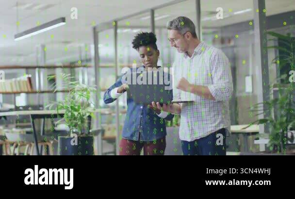 Developer presenting laptop to coworker, binary overlay streaming, tapping card for encryption ...