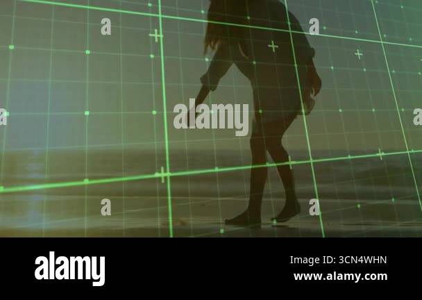 Woman walking on beach with grid overlay technology, slowing releasing ...
