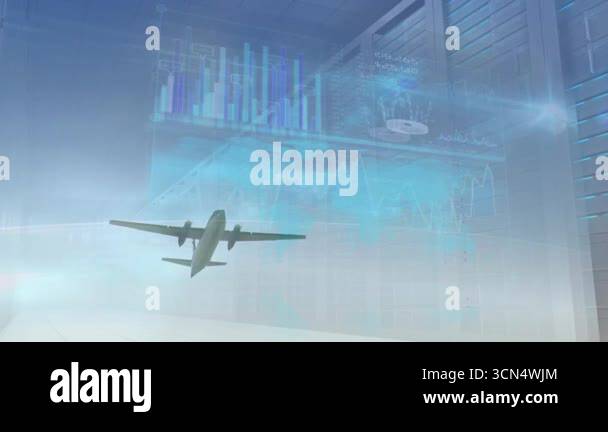 Turboprop aircraft appearing, advancing, charts fading, server racks ...