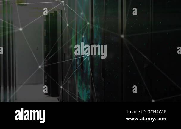 Network materializing on server racks, rotating globe intensifying, visualizing data ...