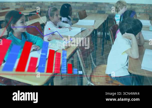 Students focusing on notebooks causing animated red blue charts ...