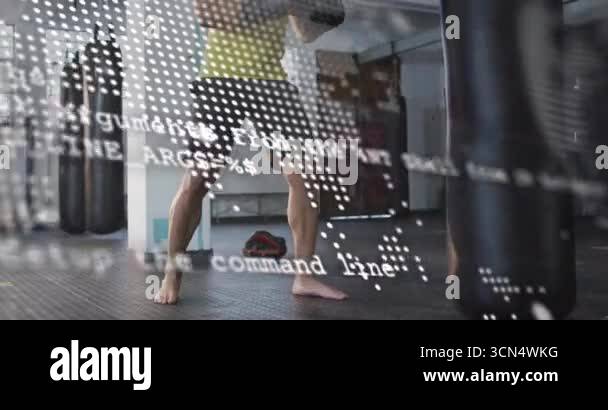 Man entering gym taking stance with pulsing world-map code overlays ...