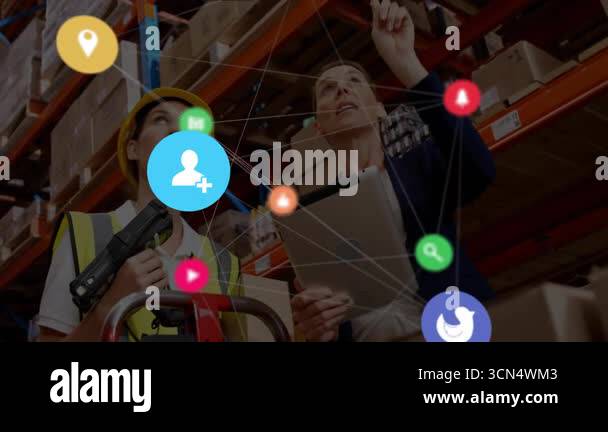Workers scanning racks, initiating network icons animating warehouse ...