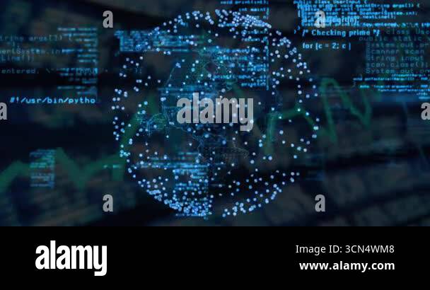 After activation, digital globe rotating with nodes while code snippets scrolling for realtime ...