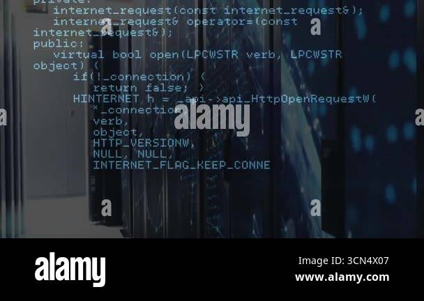 Code overlay appearing, scrolling through C++ routines while camera ...
