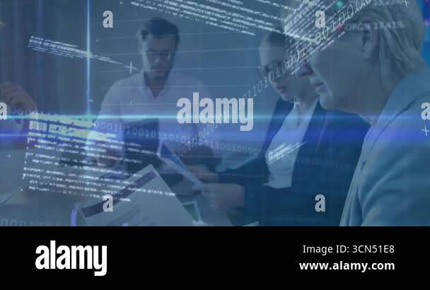 Team scanning charts and laptop in business meeting light band ...