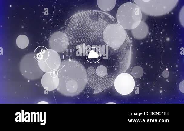 Starting with rotating dotted globe, icons fading, connecting, shifting ...