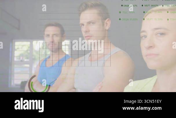Fitness group standing in gym, fading grid overlays initiating ...