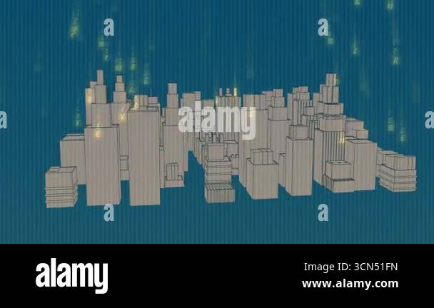 Blue backdrop showing skyline forming falling glyphs pulsing lights ...