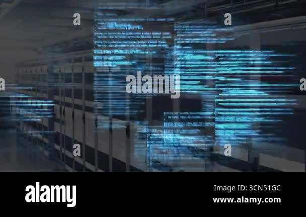 Blue code cluster appearing and drifting over server racks breaking ...