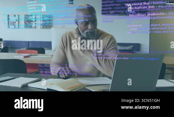 Developer leaning typing code on laptop studying floating code overlays and noting ideas for ...