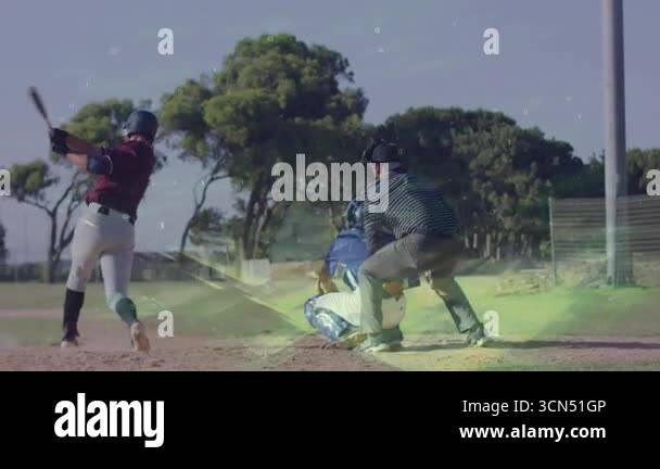 Baseball batter receiving pitch swinging bat sprinting to reach first ...