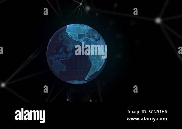 Starting dark void revealing glowing blue 3D globe network nodes ...