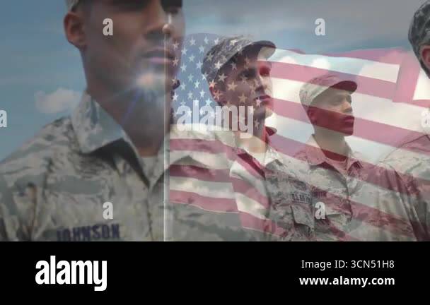 Air Force squad standing at attention while camera pulling back flag ...