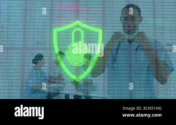 Streaming code pulsing shield showing fingerprint lock over medical team indicating data ...