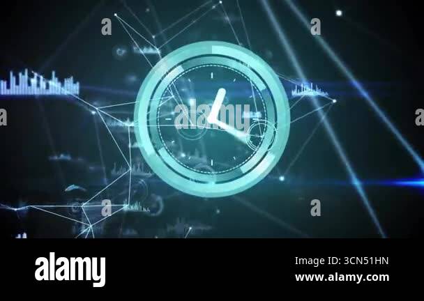 Central clock UI ring appearing and expanding causing hands sliding, visualizing network data ...