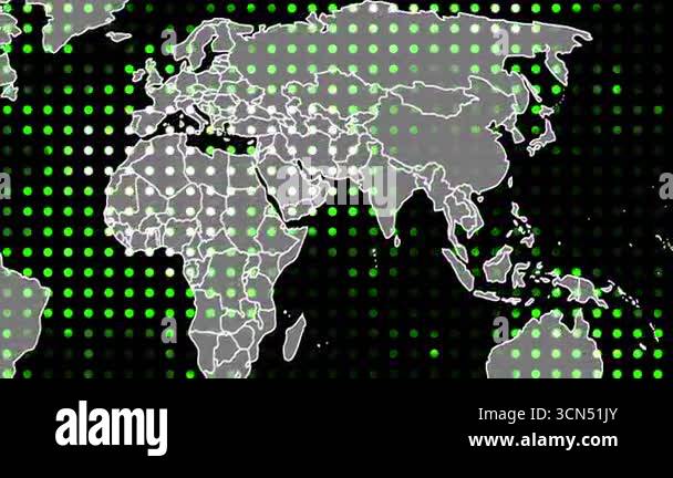 With faint silhouette emerging on grid, lines tracing continents and dots pulsing revealing map ...