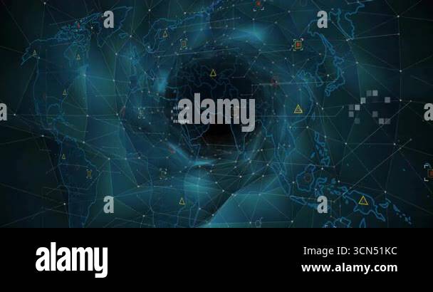 Pulsing mesh around data vortex initiating expansion and map outlines revealing global data flow ...