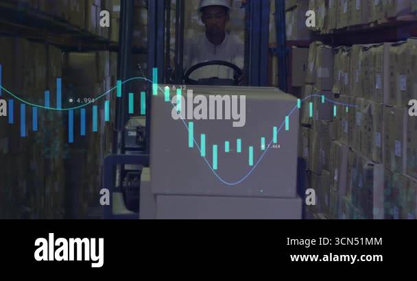 Operator driving forklift down aisle carrying boxes for tracking stock ...