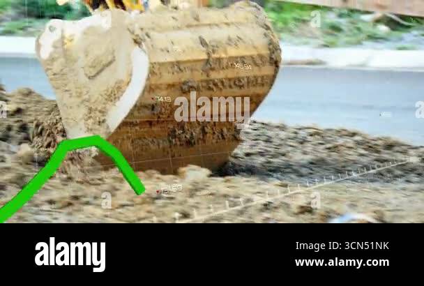 Excavator bucket lowering into soil, lifting soil, dumping soil ...