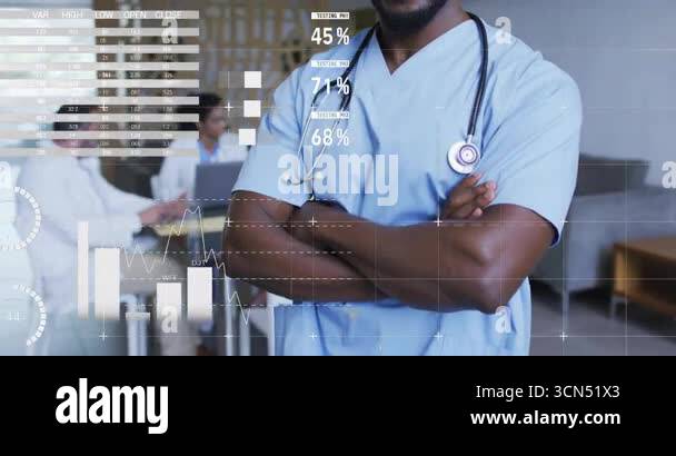Male doctor showing bar charts transforming into pie charts in clinic ...