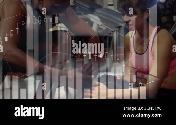 Male gym trainer pointing at client guiding alignment with animated ...